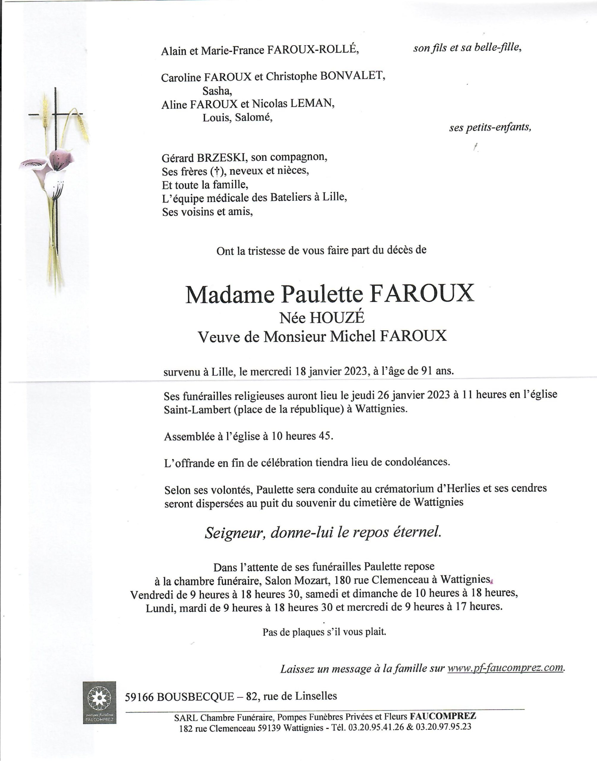 Madame Paulette FAROUX Née HOUZÉ | Pompes Funèbres FAUCOMPREZ Madame Paulette FAROUX Née HOUZÉ | Pompes Funèbres FAUCOMPREZ