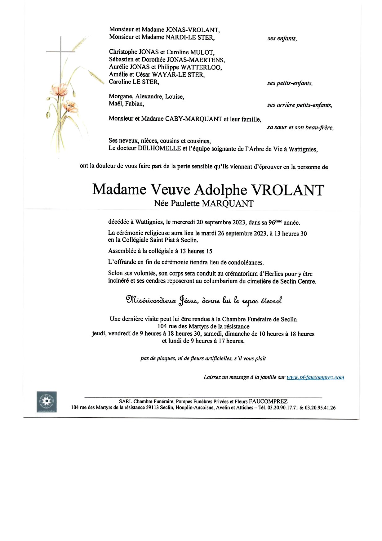 Madame Paulette VROLANT Née MARQUANT | Pompes Funèbres FAUCOMPREZ Madame Paulette VROLANT Née MARQUANT | Pompes Funèbres FAUCOMPREZ