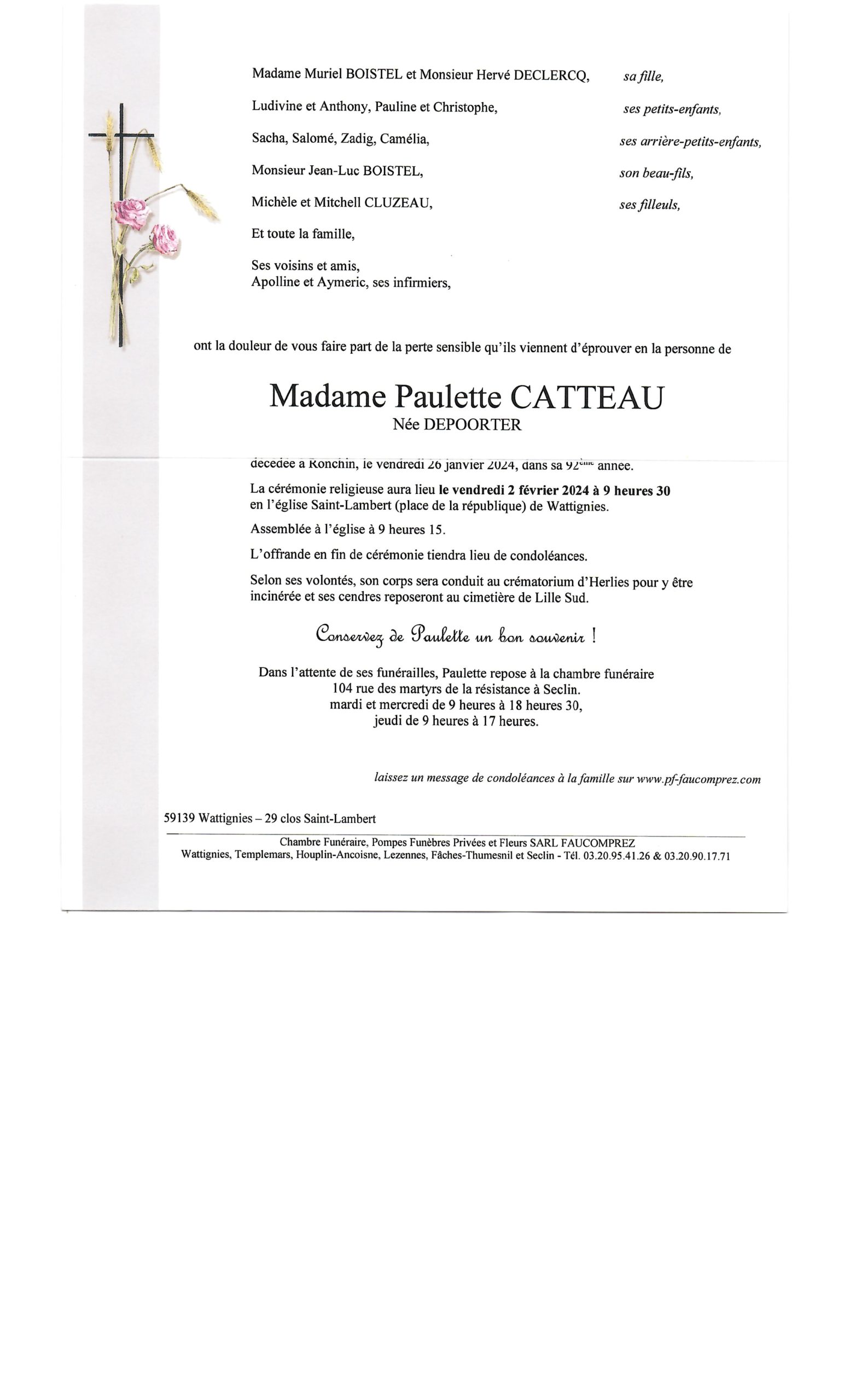 Madame Paulette CATTEAU Née DEPOORTER | Pompes Funèbres FAUCOMPREZ Madame Paulette CATTEAU Née DEPOORTER | Pompes Funèbres FAUCOMPREZ